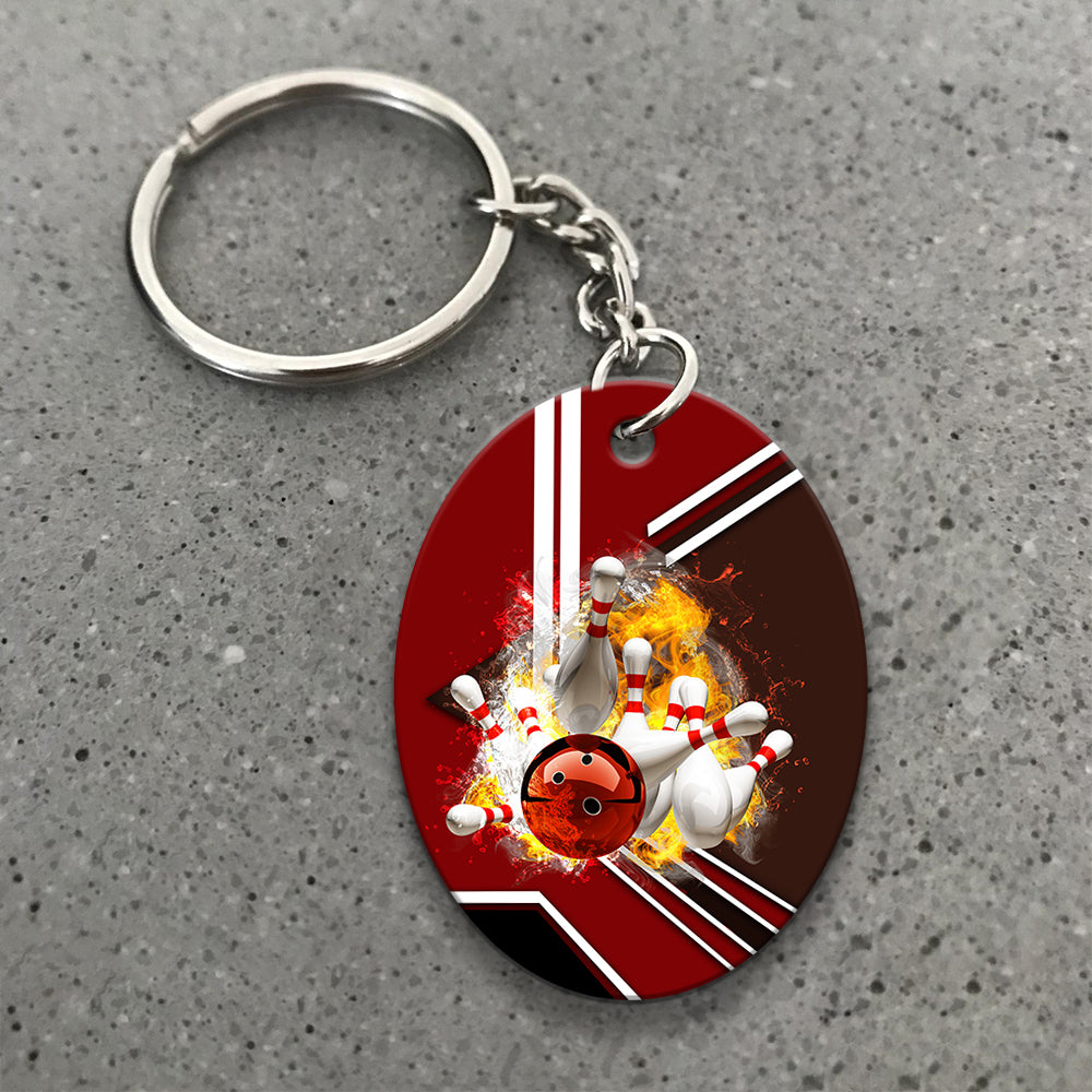 Red Bowling Ball On Fire Crashing Pins Keychain – Onemoredart