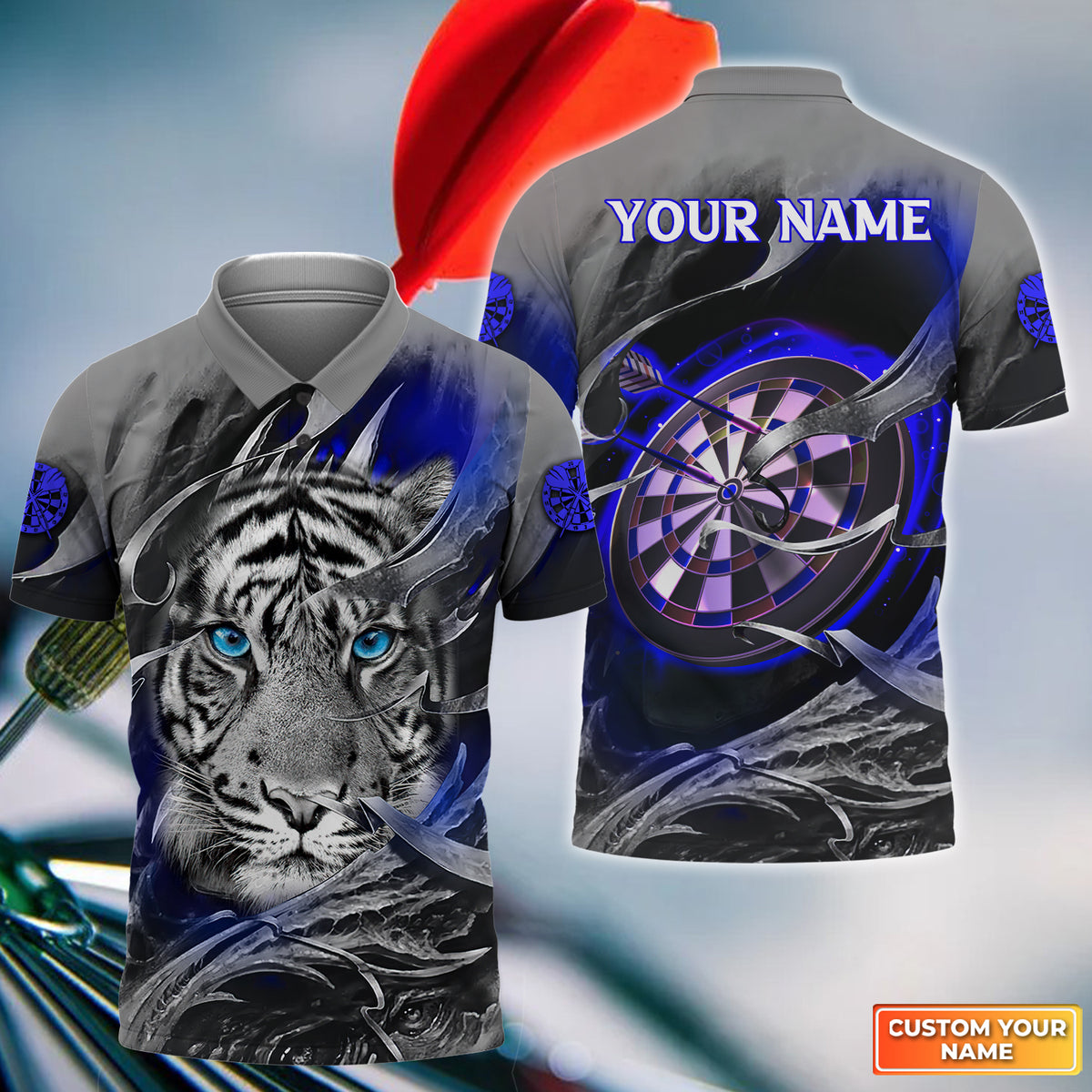 Blue Bullseye Dartboard Personalized Name 3D Tiger And Darts Polo Shir ...