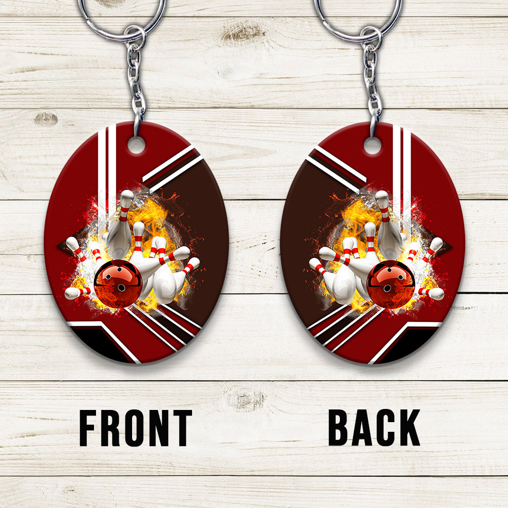 Red Bowling Ball On Fire Crashing Pins Keychain – Onemoredart