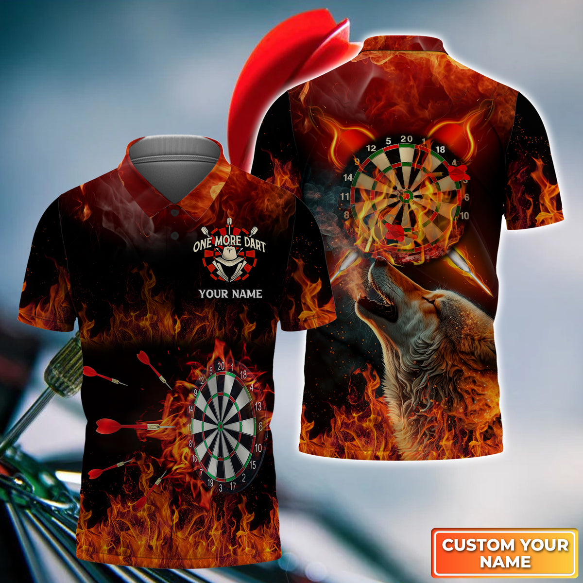Flame Bullseye Dartboard Personalized Name 3D Wolf And Darts Polo Shir ...