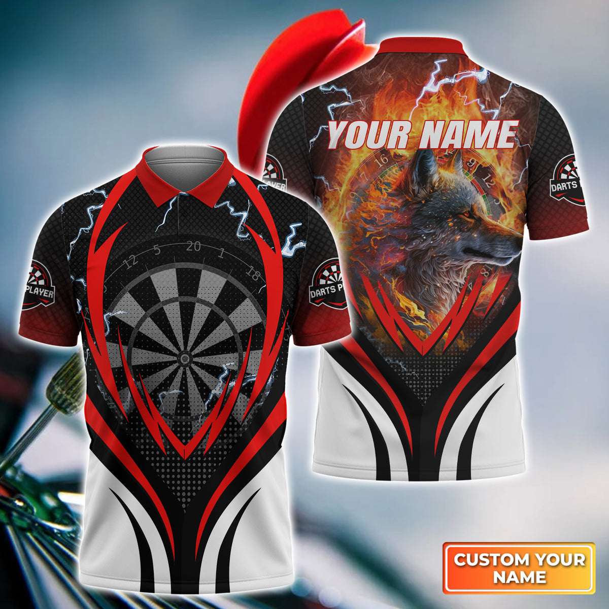 Flame Bullseye Dartboard Personalized Name 3D Wolf And Darts Polo Shir ...