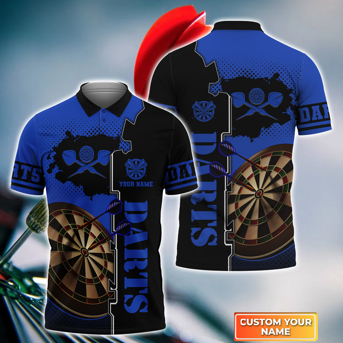 Blue Dartboard Personalized Name 3D Polo Shirt For Darts Team Player T ...
