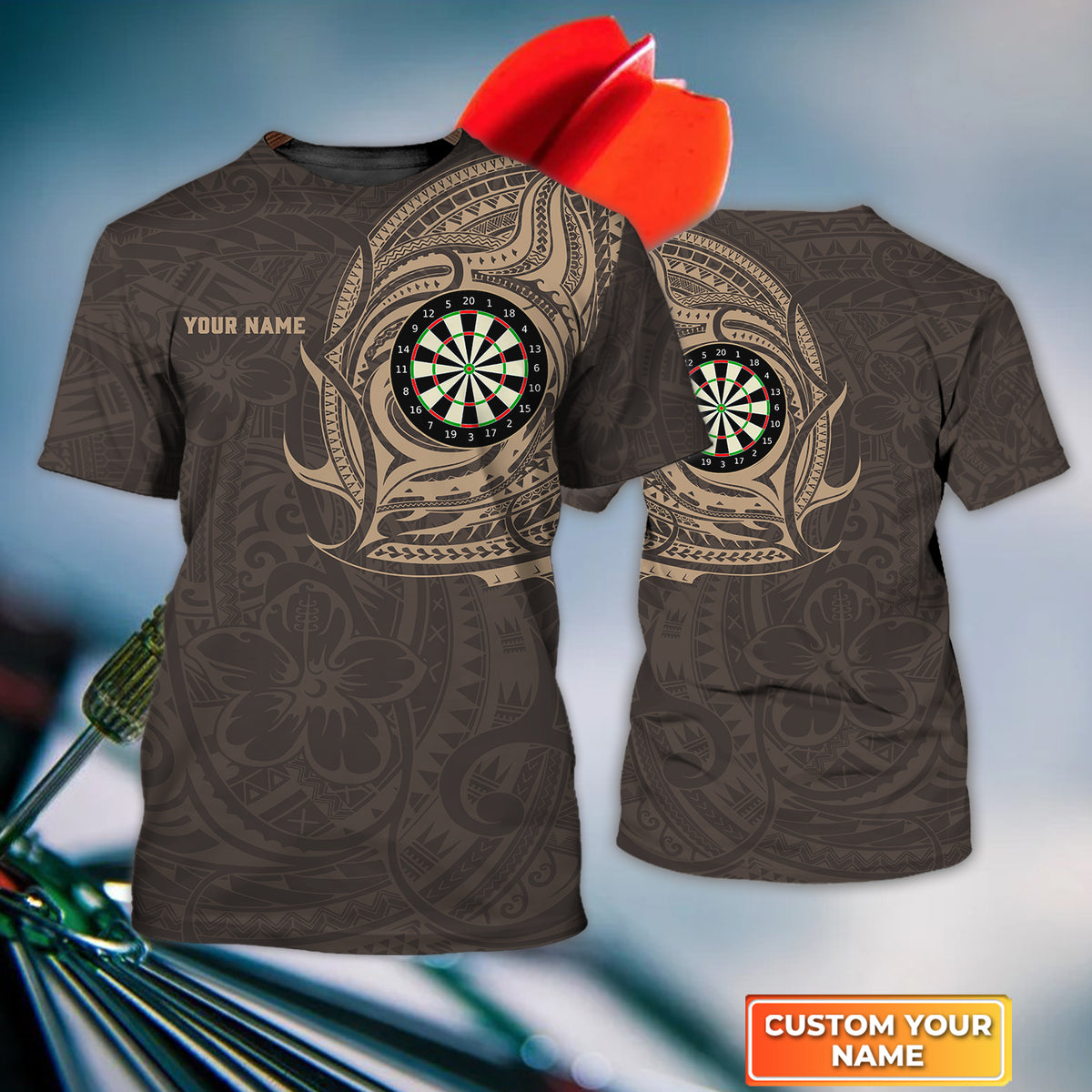 Brown Polynesian Darts Personalized Name 3D Tshirt For Darts Team Play ...