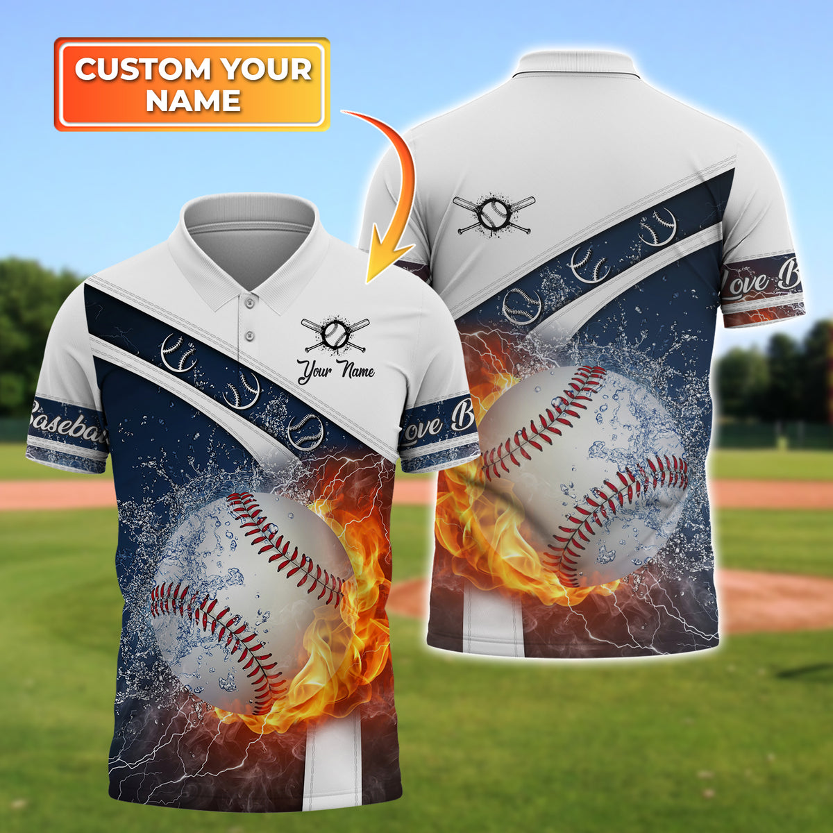 Custom Polo Shirt Fire Baseball Pattern – Onemoredart